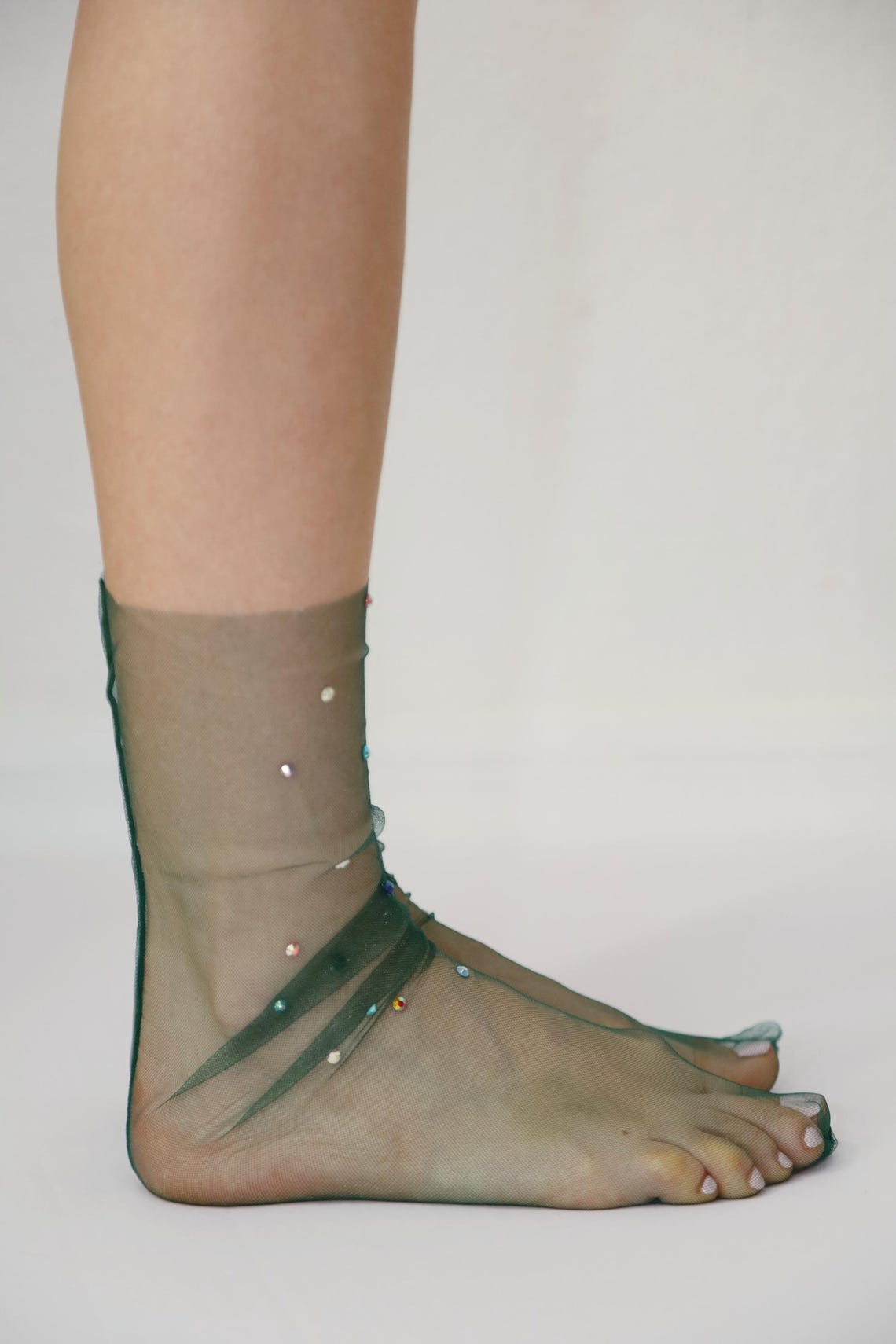 Green Tulle Socks Crystals Sheer Socks Green Tulle Rhinestones Socks ...