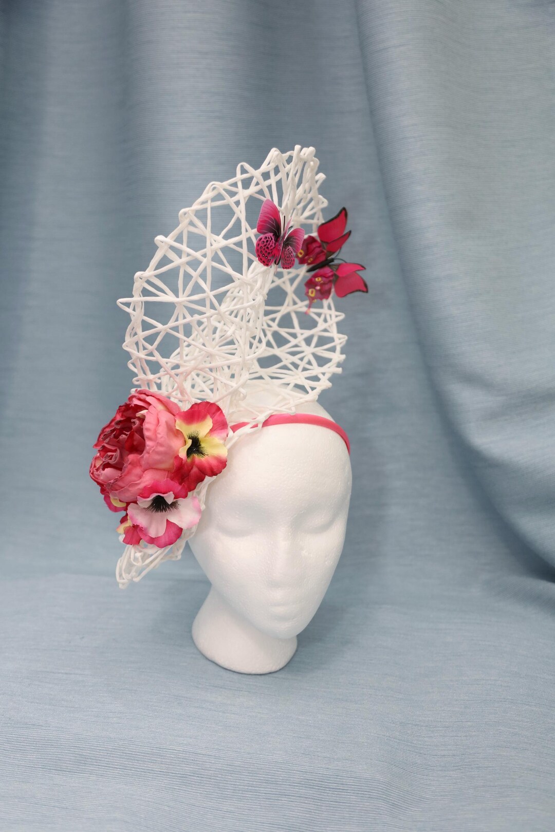 White Kentucky Derby Fascinator Pink Flowers Wedding Guest Hat Pink ...