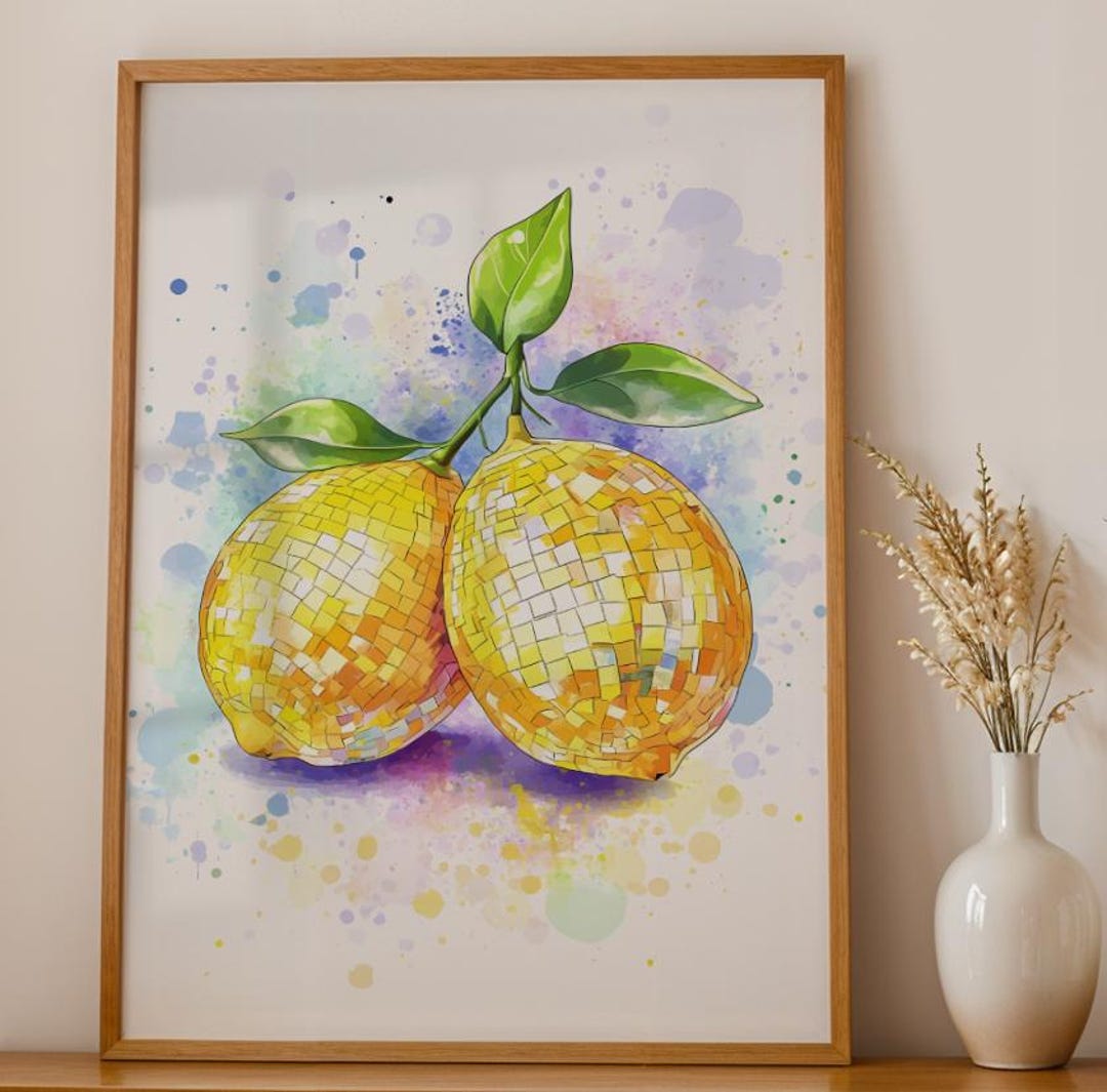 Lemon Disco Ball Art Print, Retro Fruit Poster, Bar Cart Decor ...