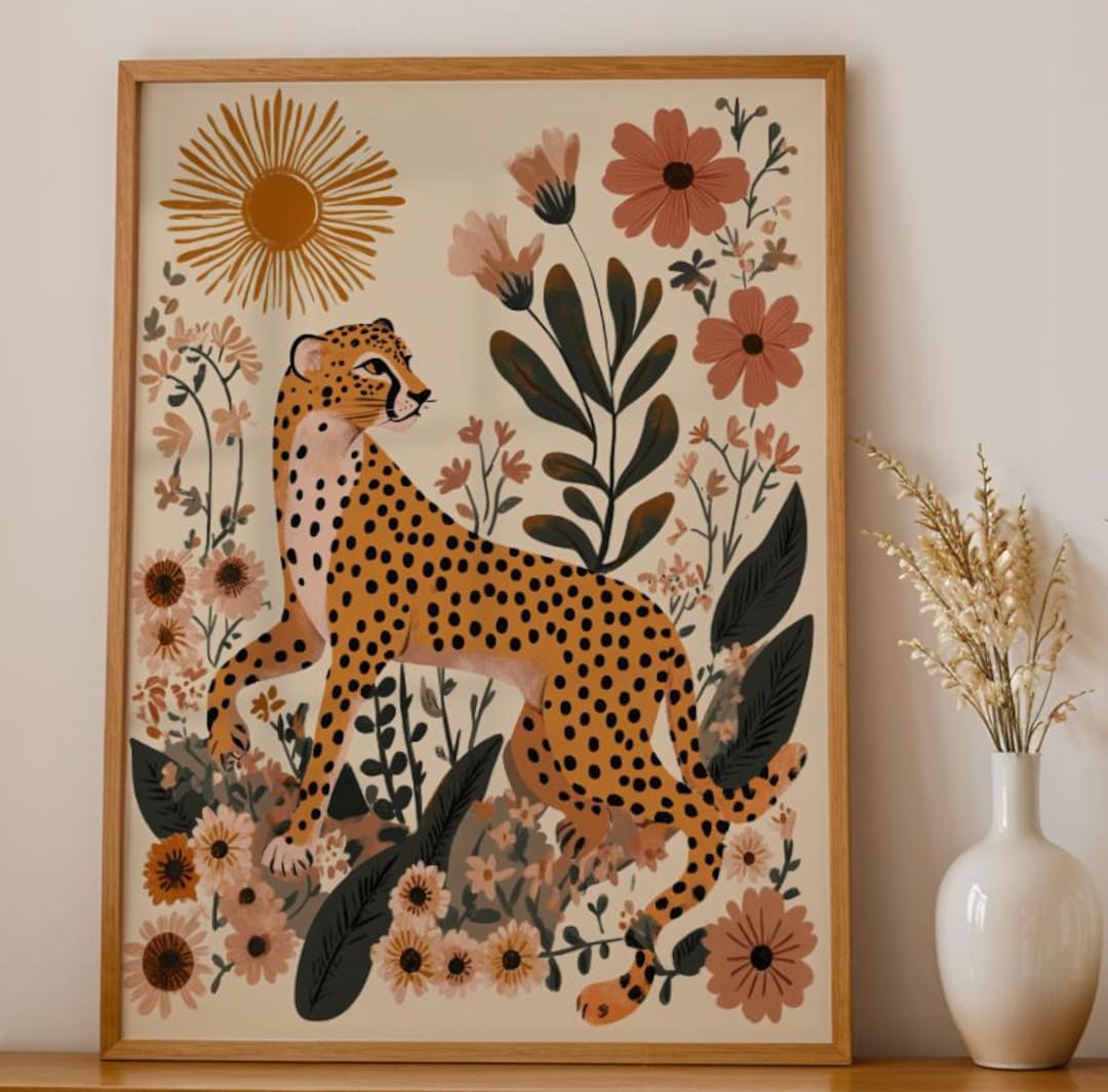 Boho Cheetah Wall Art | Jungle Cat Printable Poster | Floral Safari ...