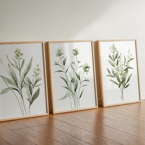 Sage Green Botanical Wall Art Set of 3 | Green Botanical Prints | Watercolor Wild Flowers Art ...
