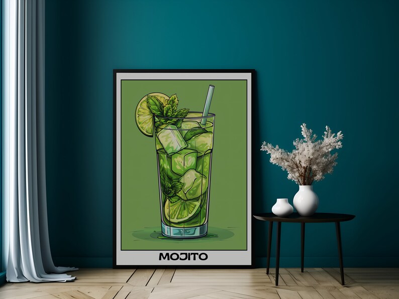 Mojito Cocktail Print Bar Cart Accessories Alcohol Poster Minimalist ...