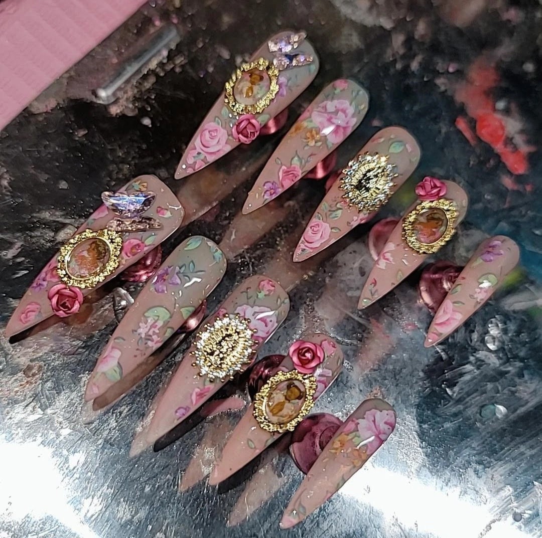 Elegant Pink Renaissance Nails, Custom Press-on Acrylics, Ideal for ...
