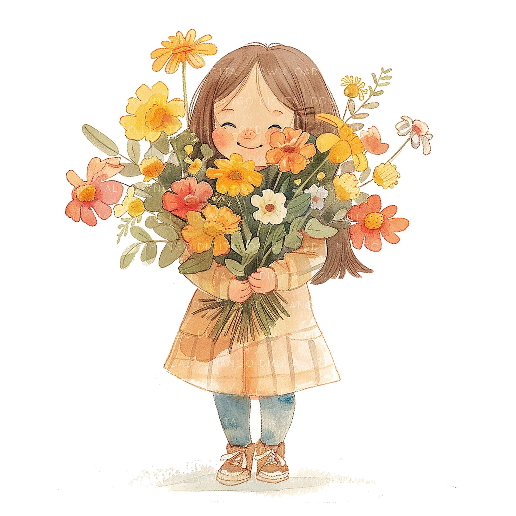 Little Girl With a Bouquet of Flowers Mothers Day Clipart Flowers ...
