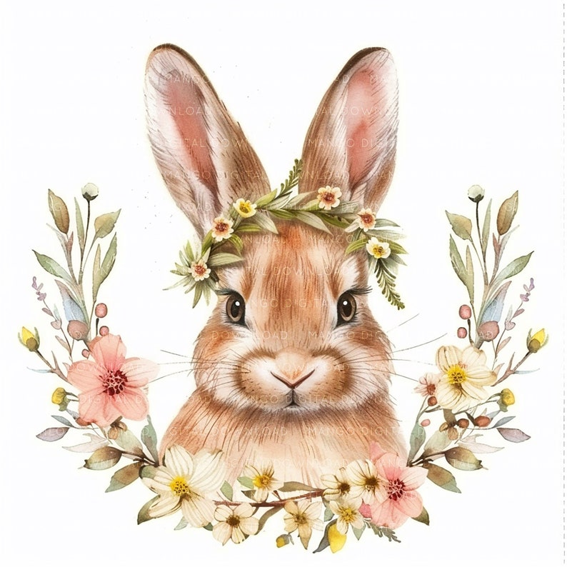 Cute Bunnies With Flower Wreath Easter Clipart Bundle 9 High Quality ...
