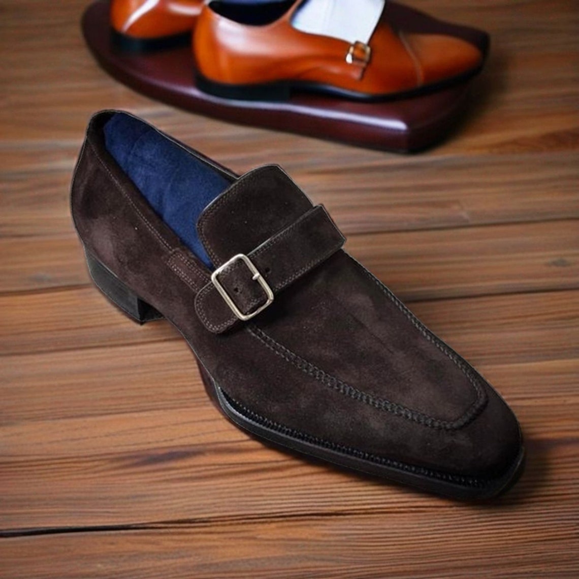 Handmade Men Brown Suede Leather Shoes, Single Monk Strap Shoes, Men ...