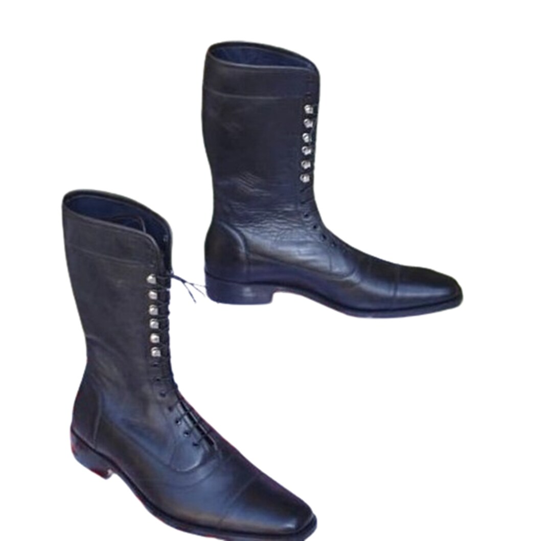 Military Style Black Men Cowboy Genuine Leather Long Ankle High Lace up ...