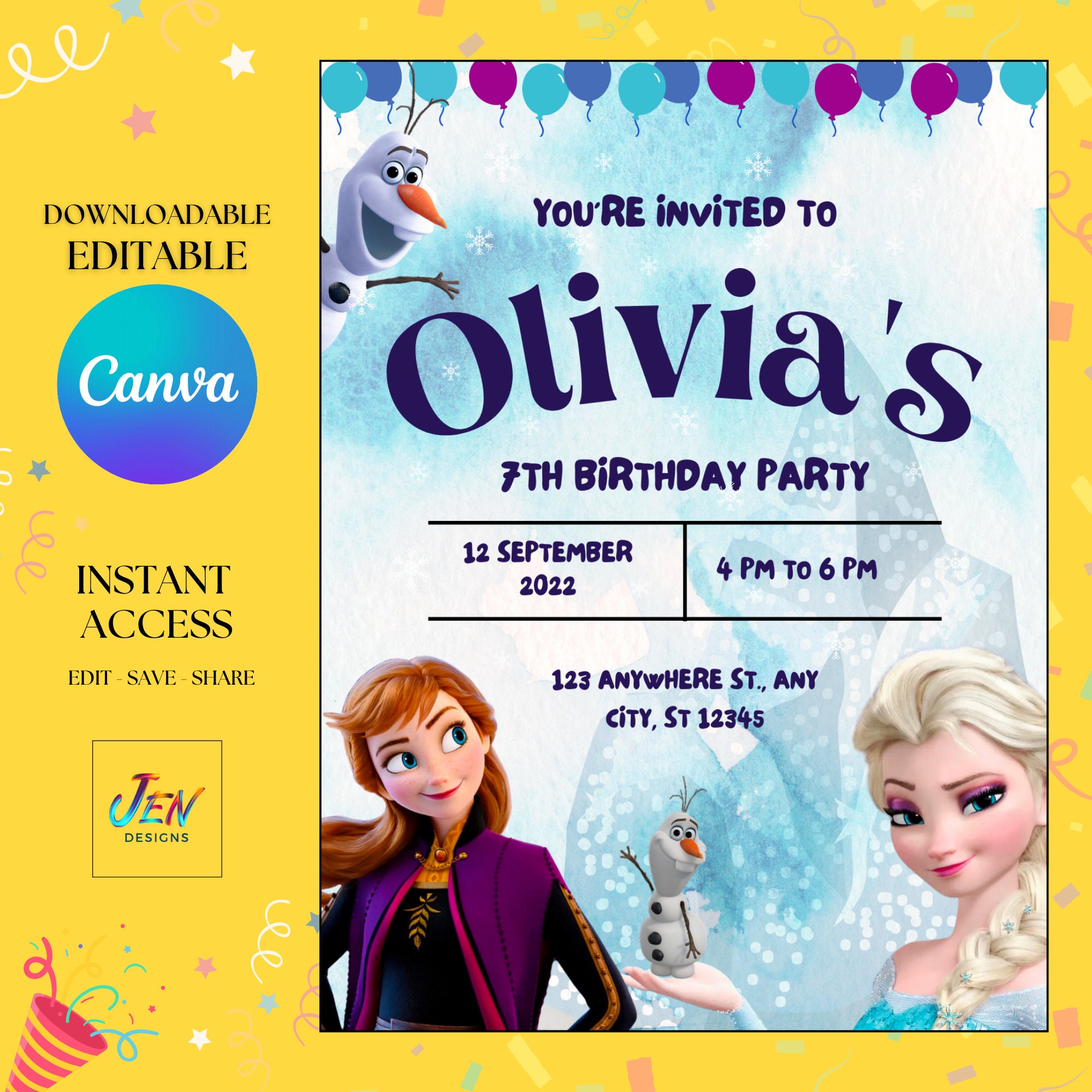 Frozen Elsa Birthday Invitation Card, Digital Canva Template, DIY ...