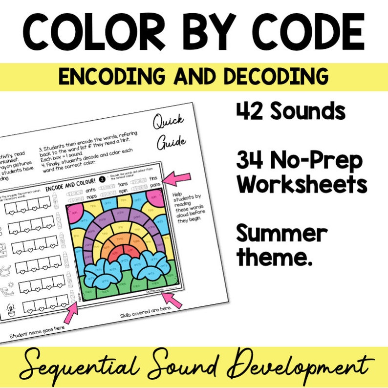 Encoding and Decoding Phonics Activity | Color by Code Summer - Etsy