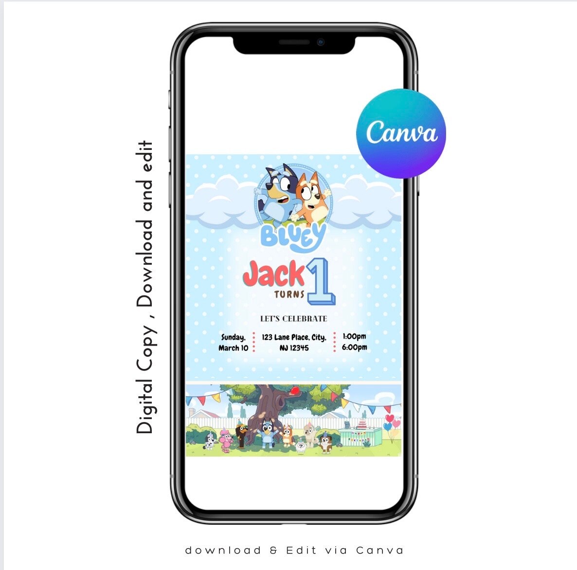 Bluey Invitation, Birthday Invitation, Edit on Canva, Blue Bluey - Etsy