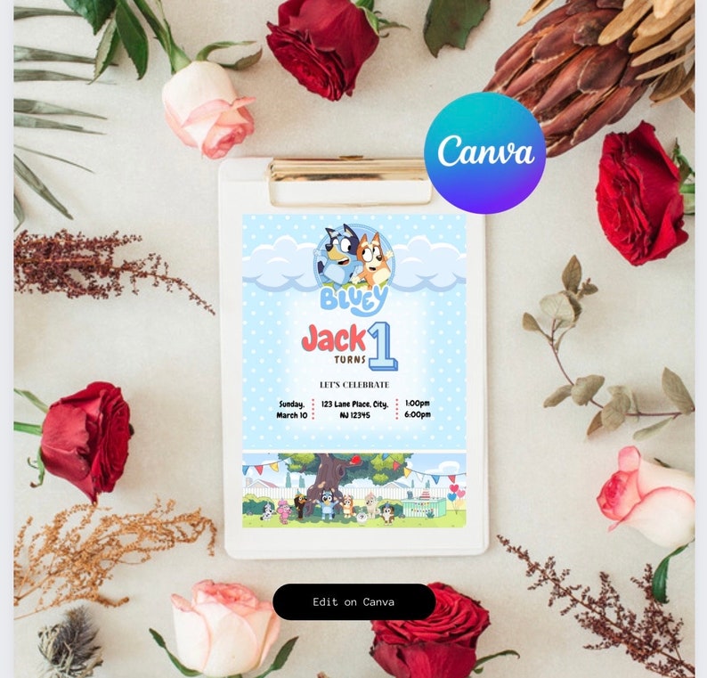 Bluey Invitation, Birthday Invitation, Edit on Canva, Blue Bluey - Etsy
