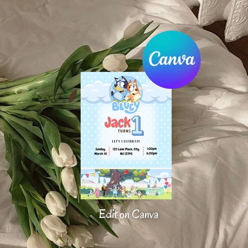 Bluey Invitation, Birthday Invitation, Edit on Canva, Blue Bluey - Etsy