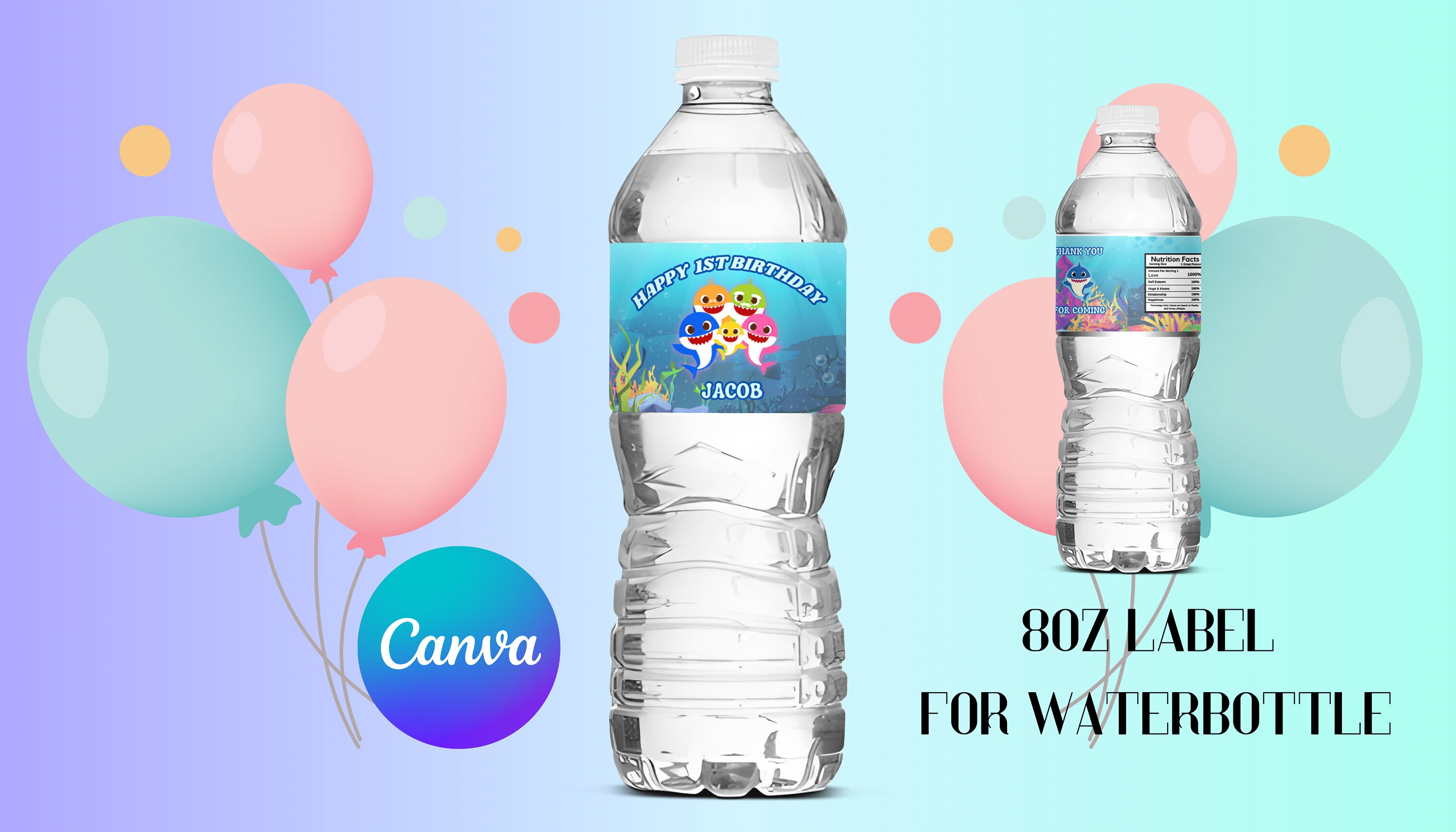 Baby Shark Water Bottle Label, Party Favors. Edit via Canva - Etsy