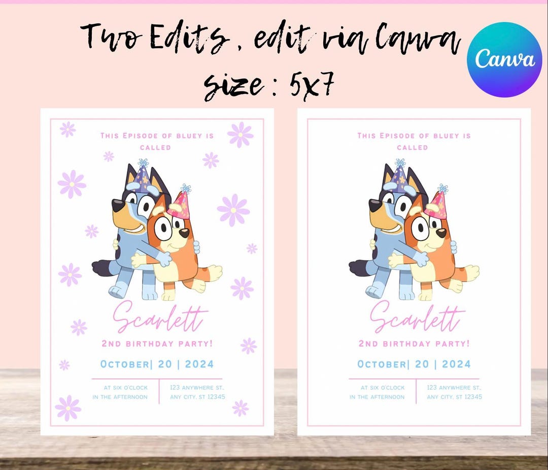 Bluey Floral Birthday Invitation, Canva Edit and Instant Download ...
