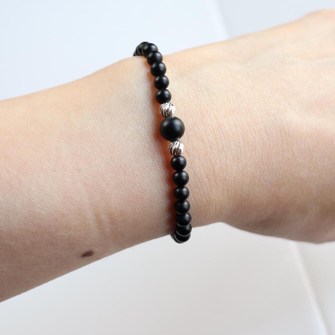 Stretchy Matte Black Onyx Bracelet With Sterling Silver Beads ...