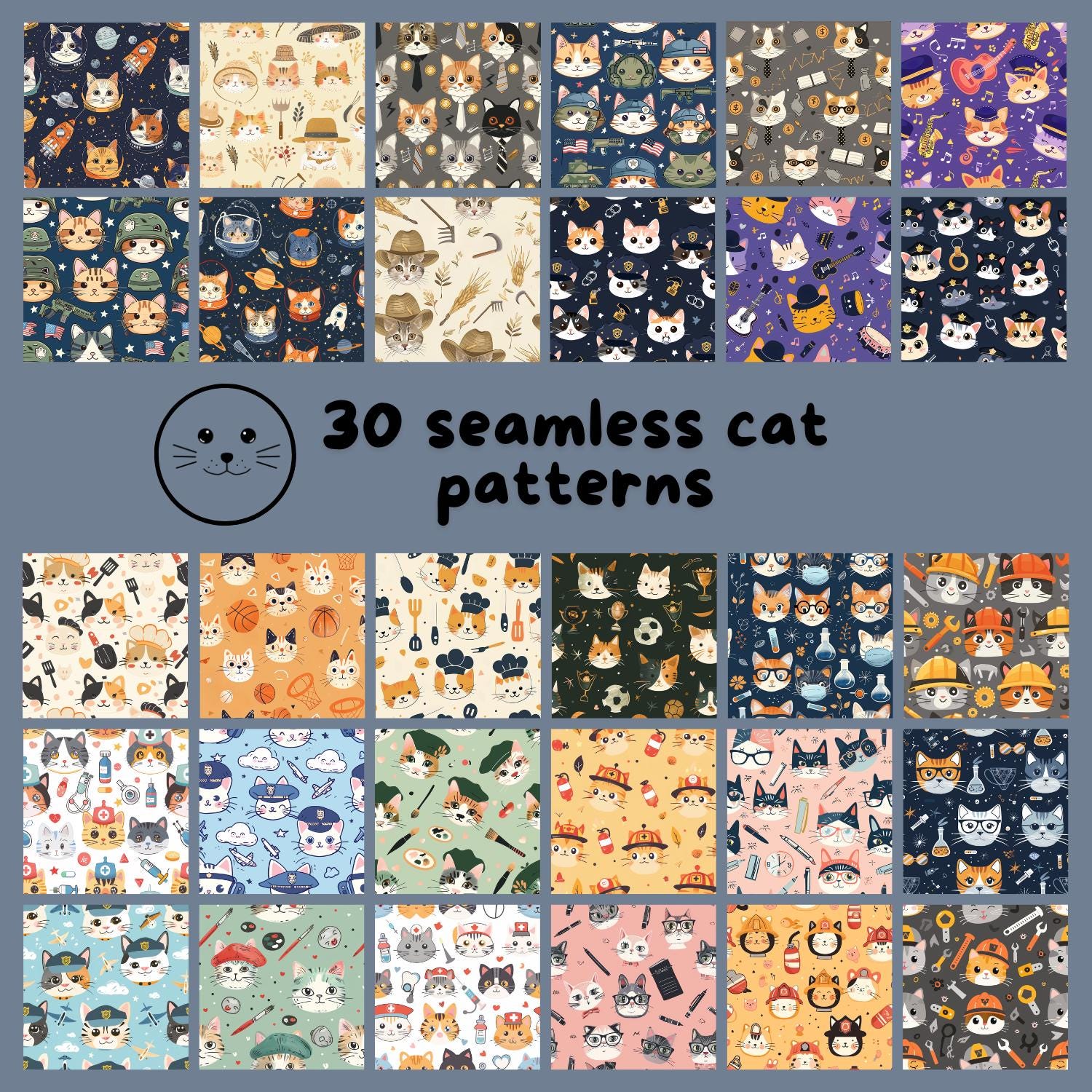 30 Seamless Digital Patterns of Cats Pictures of Cats in Various ...
