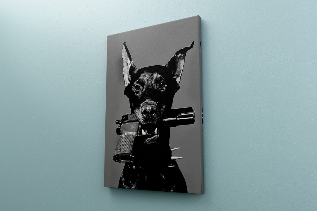Doberman With Gun Canvas, Luxury Fashion Wall Art, Luxury Fashion ...