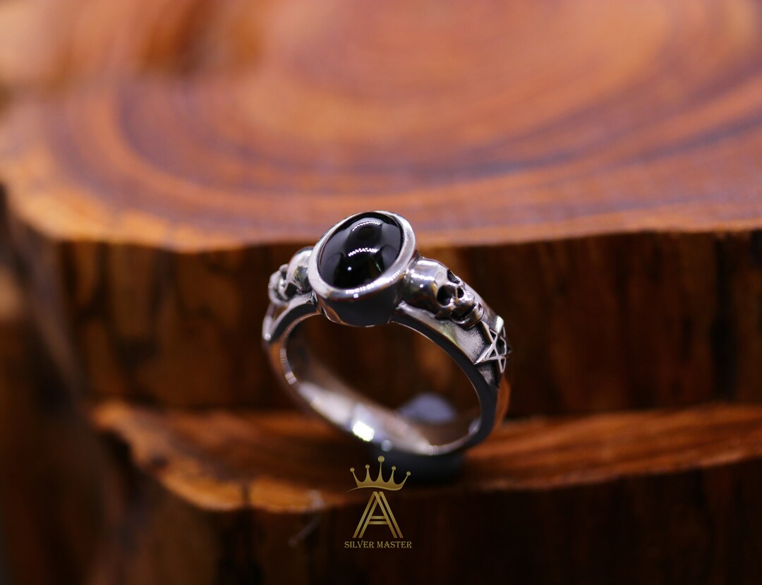 Onyx Skull Ring Natural Oval Black Onyx Skull Star Silver Ring Silver 925 - Etsy