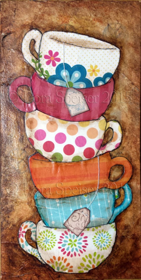 Tea Cups Stack Teacup Original Textured Painting Mixed Media | Etsy