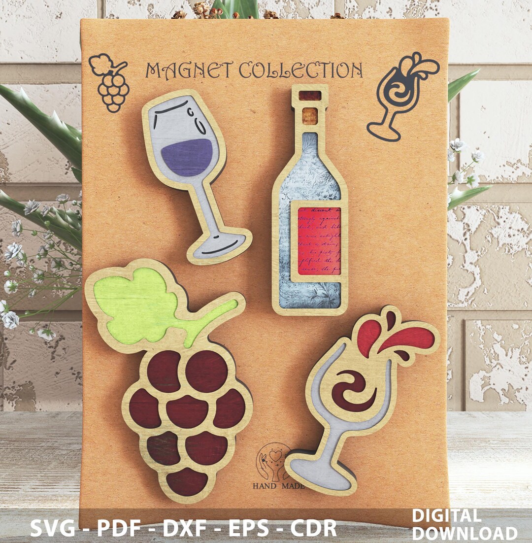 Wine Magnet SVG Bundle – Grapes & Bottle Laser Cut Files – Cute Kitchen ...