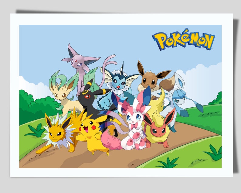 Eevee Eeveelution Poster With Pikachu, Pokemon Poster, Wall Art Instant ...