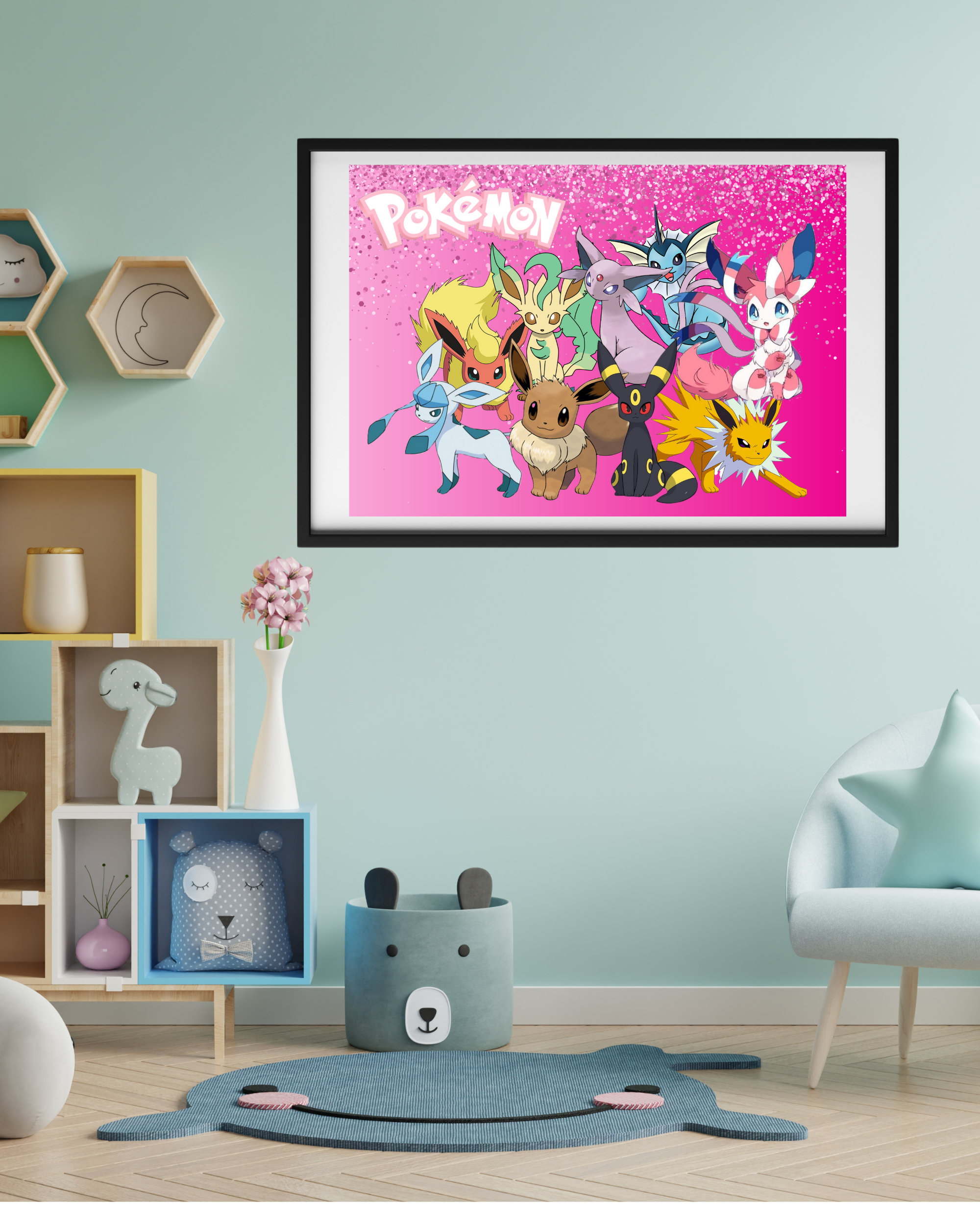 Eevee Eeveelution Pink Glitter Poster, Pokemon Wall Art, Digital Poster ...