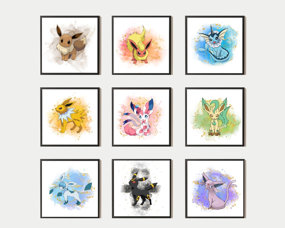 Eevee Eeveelutions Poster Set of 9 Glitter, Pokemon Wall Art, Digital ...