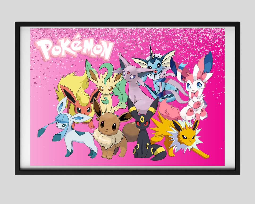 Eevee Eeveelution Pink Glitter Poster, Pokemon Wall Art, Digital Poster ...