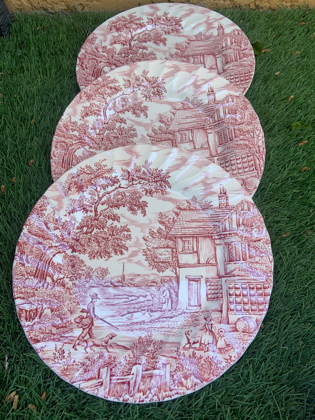 3 Myott Dinner Plates in Red Camaïeu Hunter Pattern - Etsy