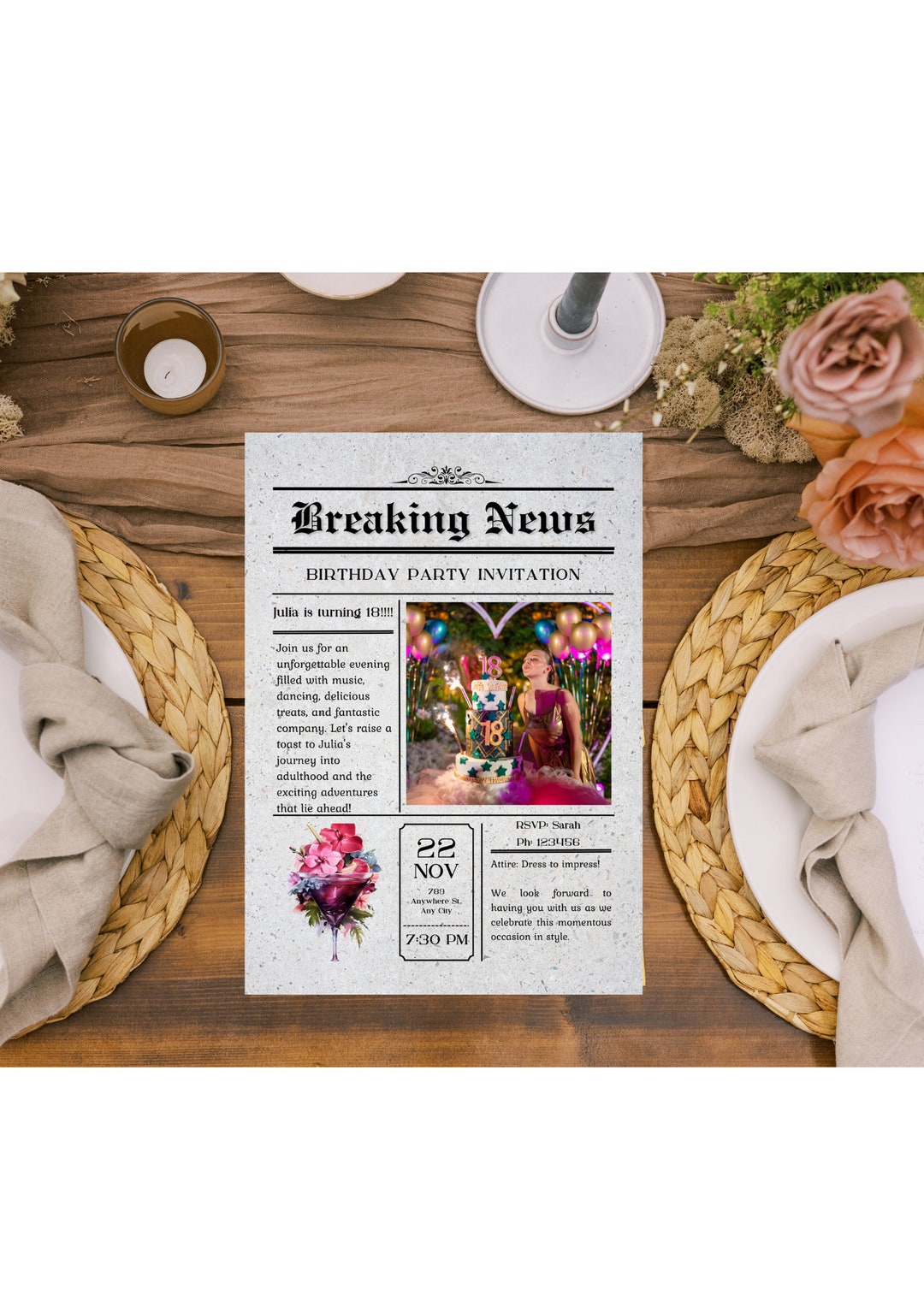 Newspaper Birthday Party Invitation Template, Birthday Invite, Party ...