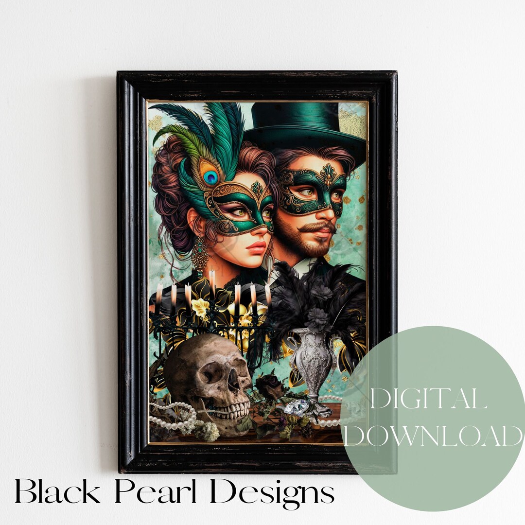 Romantic Masquerade Artwork Medieval Couple in Shades of Green Emerald ...