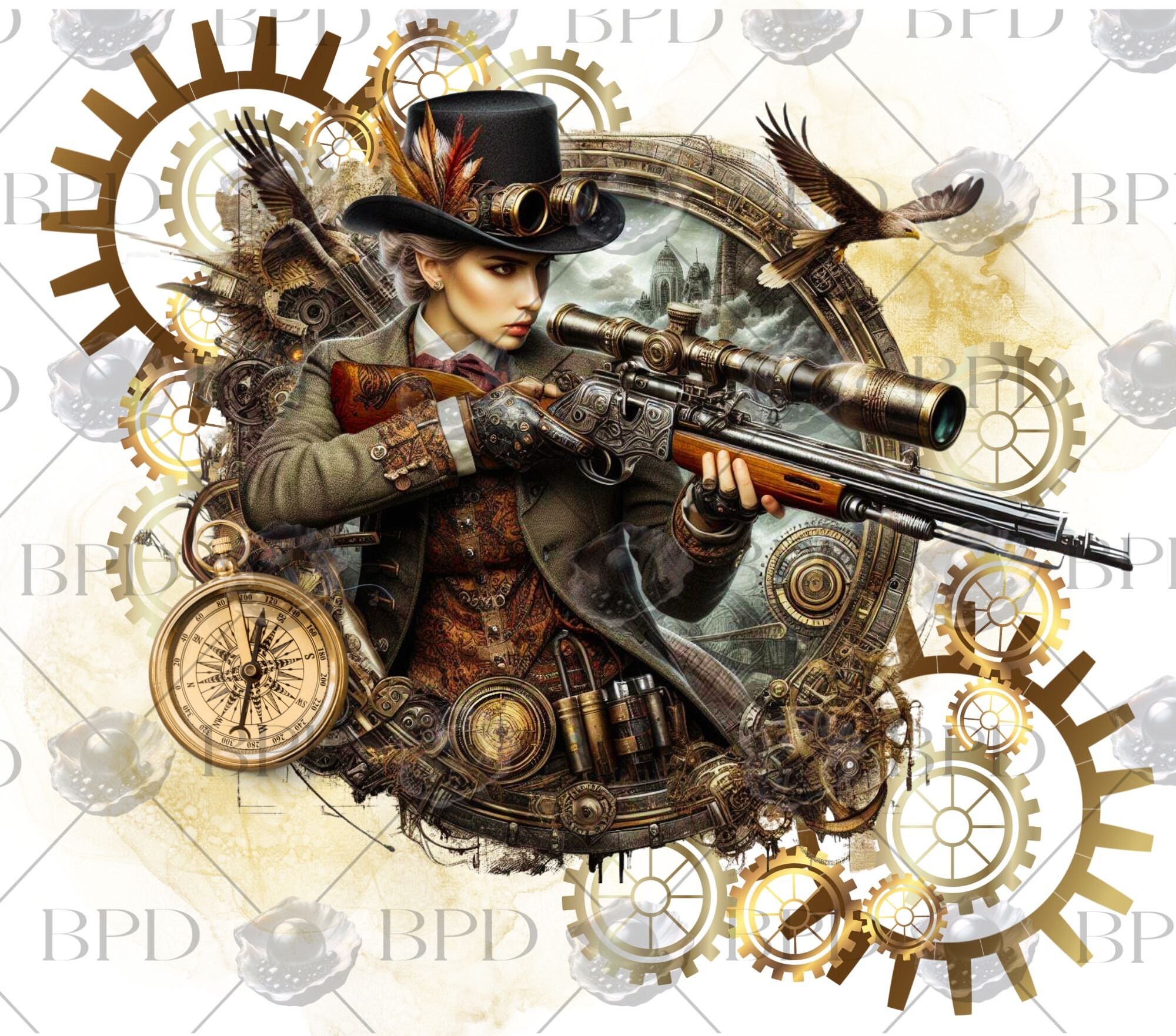 Steampunk Female Hunter PNG Design for 20oz Tumbler Unique Elegance for ...