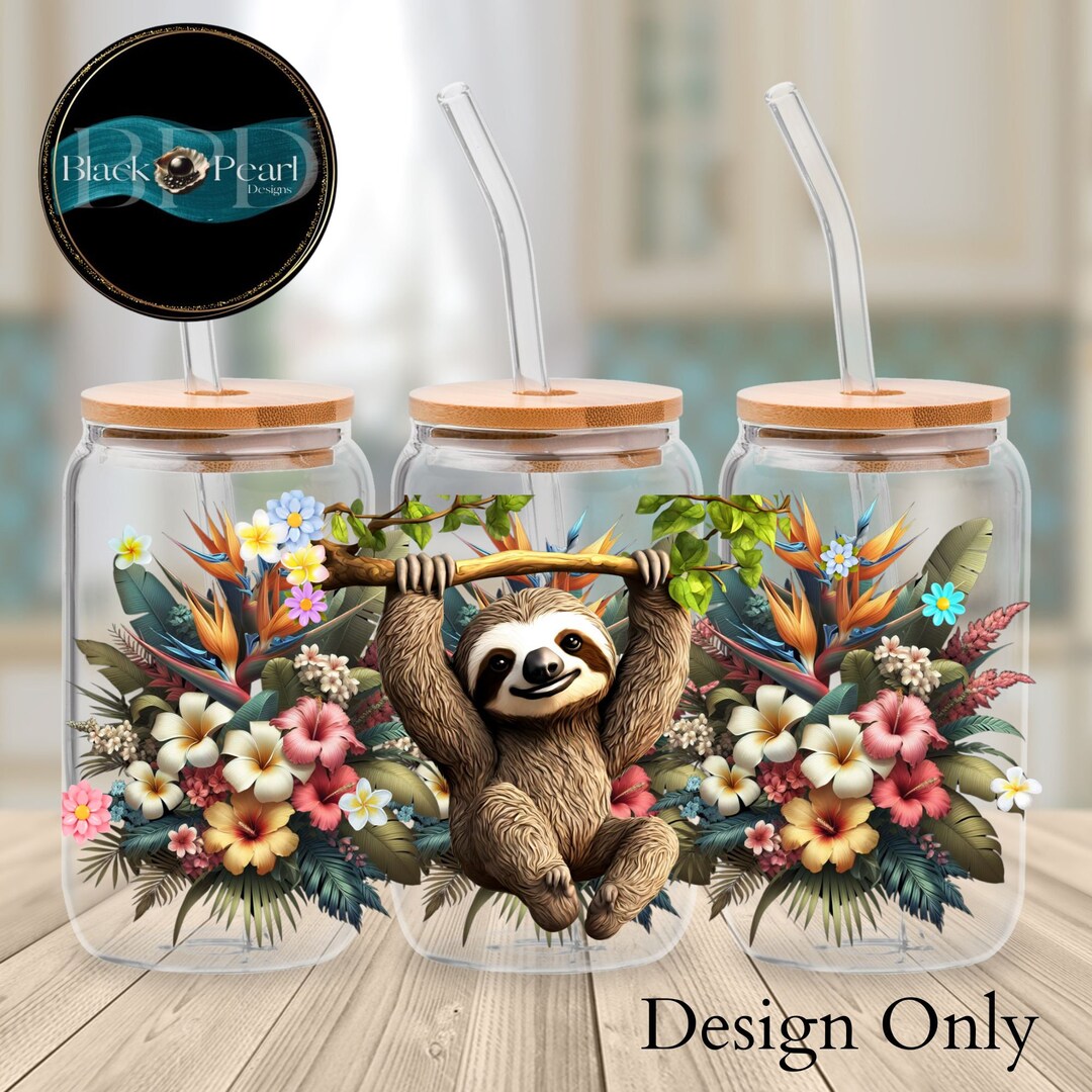 Cute Sloth Tropical Floral Design for 16 Oz Libbey Glass Jar Digital ...