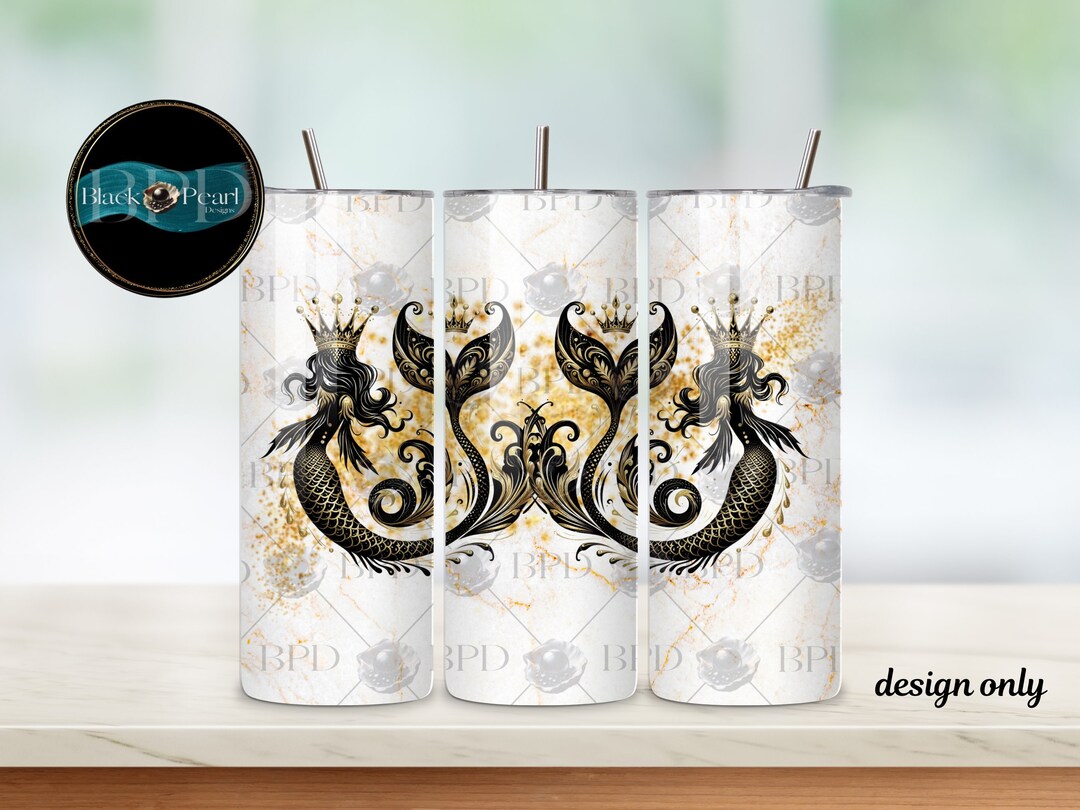 Black and Gold Mermaid PNG Design for 20oz Skinny Tumbler Wrap Digital ...