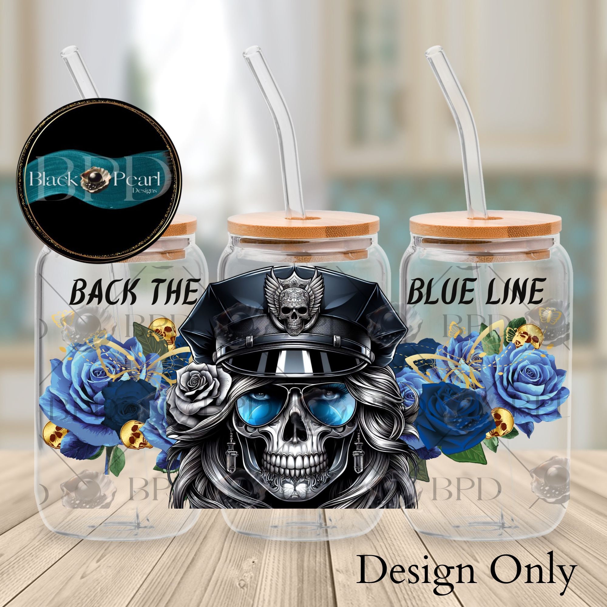 Floral Skull Law Enforcement Design Digital Print for 16 Oz Libbey Wrap ...