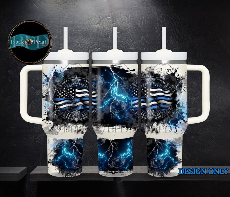 Thin Blue Line Flag With Blue Lightning Tumbler Design - 40oz PNG ...