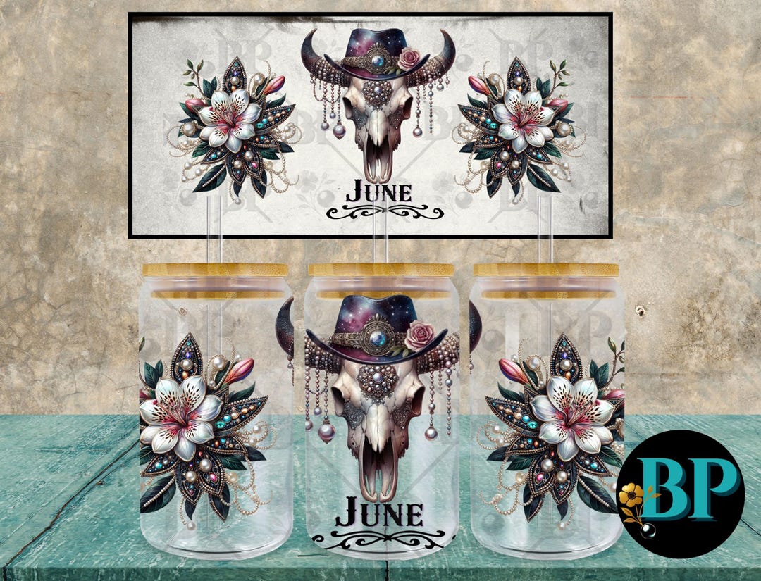 June Western Skull 16oz Tumbler Wrap PNG | Cowgirl Sublimation Design ...