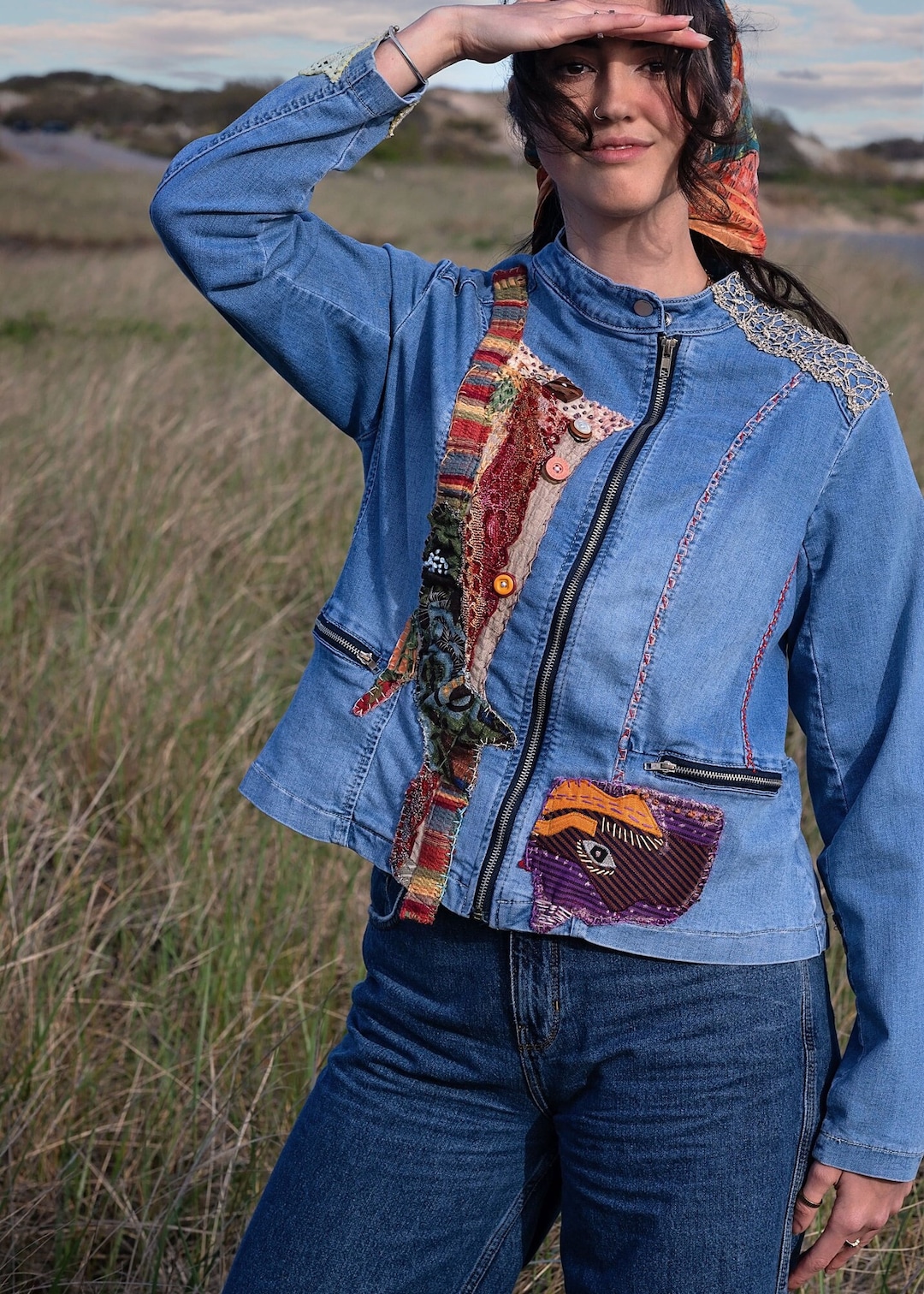 Artistically Redesigned Upscale Denim off Center Zipper Jacket. Durable ...