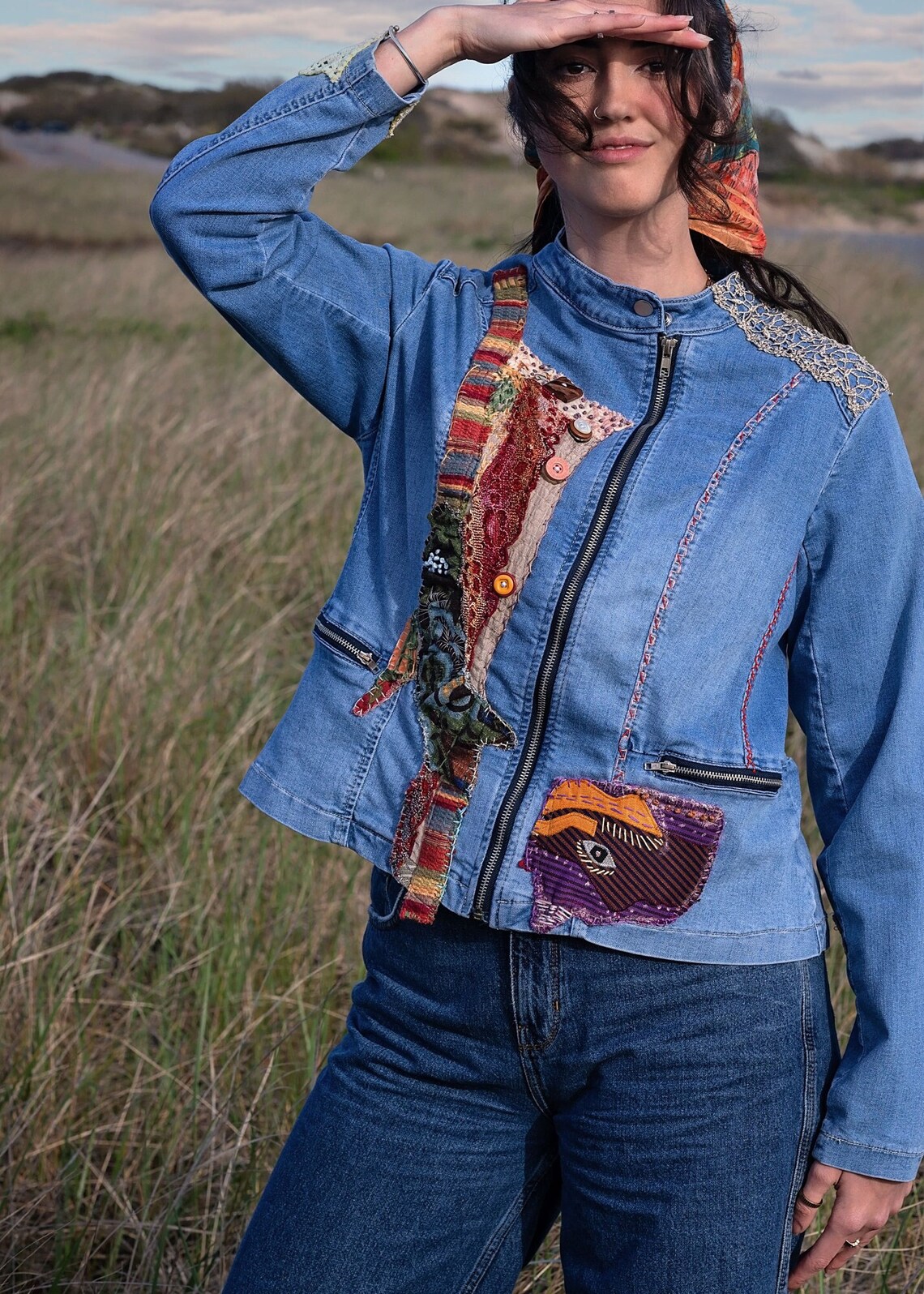 Artistically Redesigned Upscale Denim off Center Zipper Jacket. Durable ...