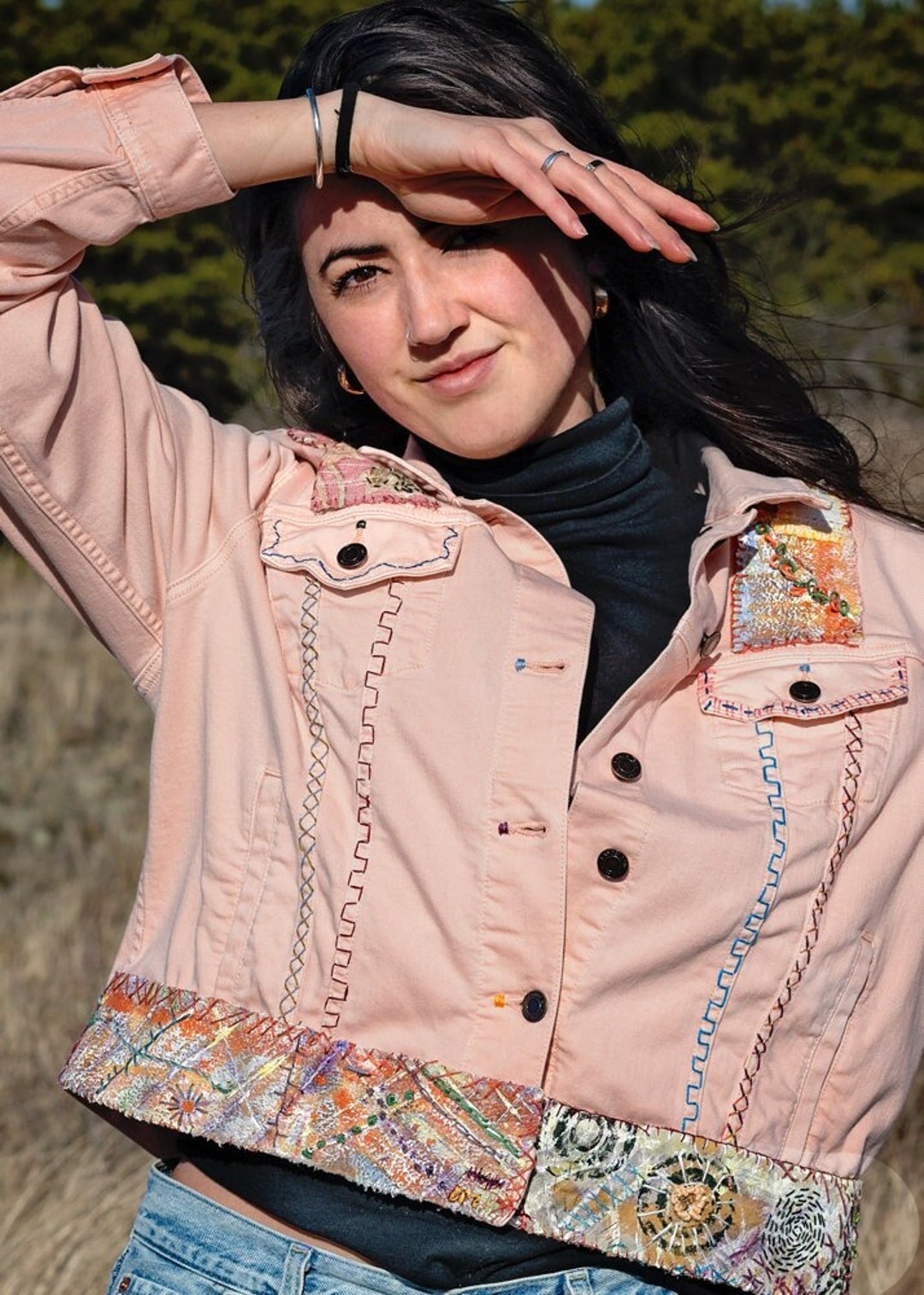 Up-scale Sunny Pink Short Denim Jacket . Artistic Embroidery, Antique ...