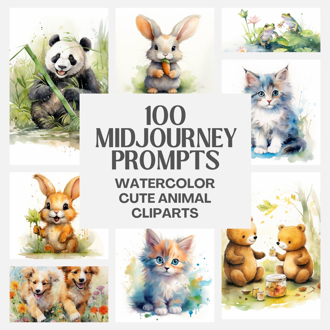 100 Whimsical Watercolor Cute Animal Prompts, Playful Creatures Clipart ...