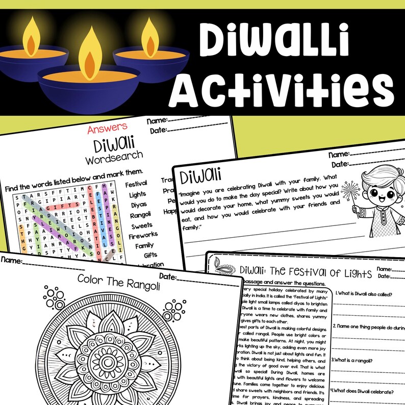 Diwali Reading Comprehension Passage, Word Search Writing Activites ...