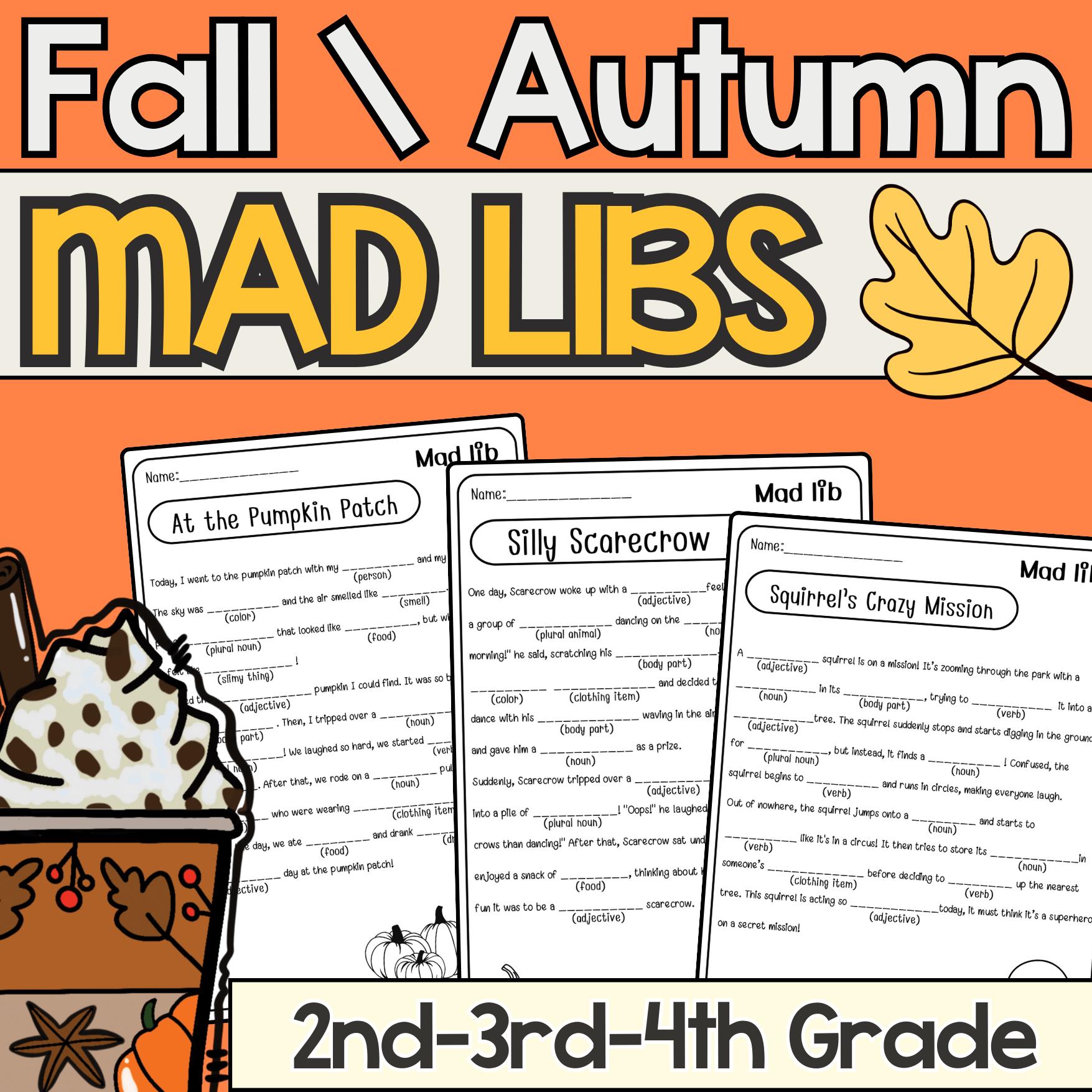 Fall Autumn Mad Libs Fun Grammer Activities Parts of Speech (nouns ...
