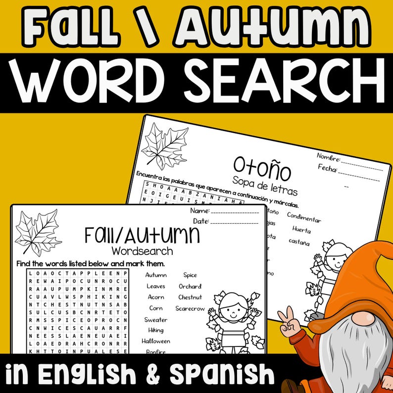 Fall Word Search Puzzle: Bilingual English Spanish Activity (printable ...