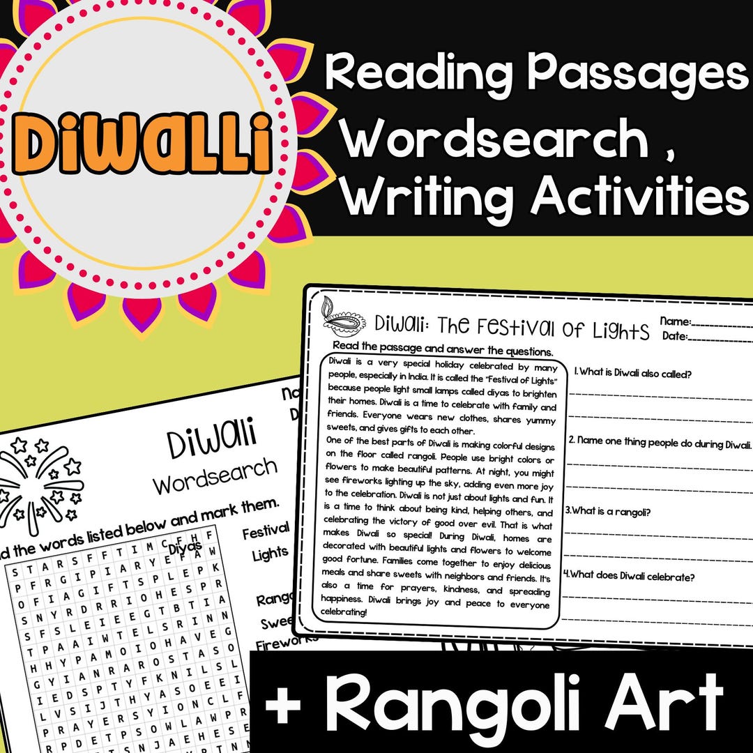 Diwali Reading Comprehension Passage, Word Search Writing Activites ...