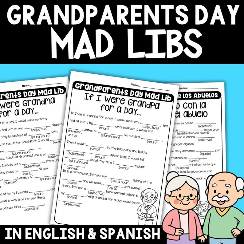 Grandparents Day Mad Libs in English and Spanish \ Fun Grammer (nouns ...