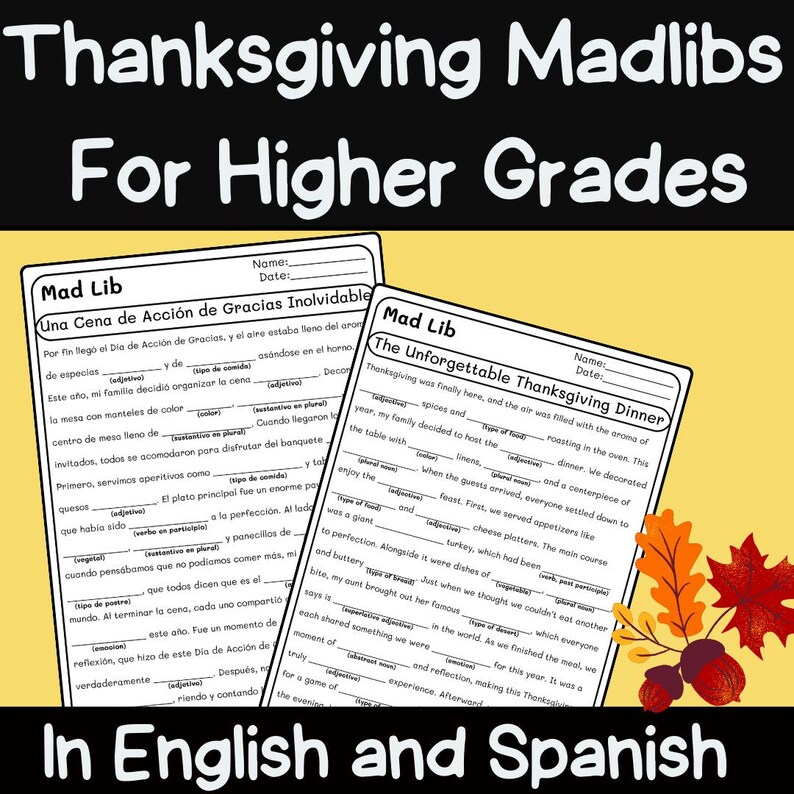 Thanksgiving Mad Libs Parts of Speech for High School English and ...
