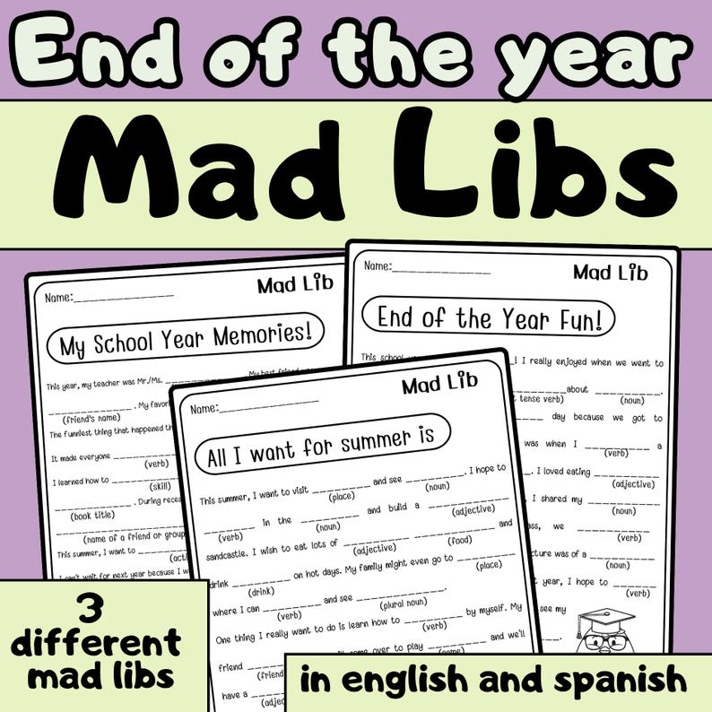 End of the Year Mad Libs for Kids | English and Spanish | Printable ...