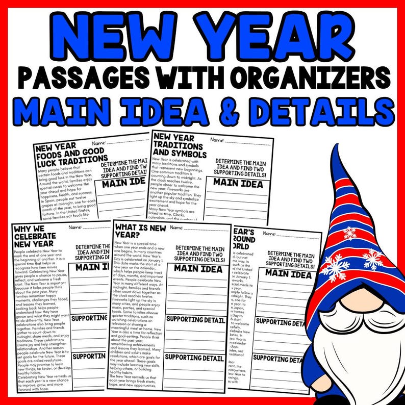 New Year Main Idea and Supporting Details Passages With Graphic ...