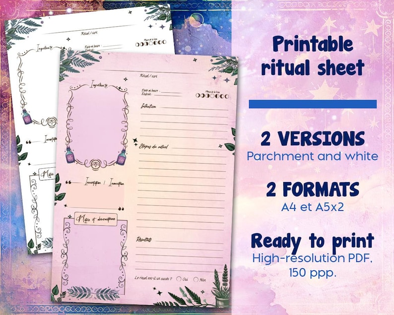 Printable Ritual Sheet - Grimoire De Sorcières, 2 Versions & 2 Formats ...